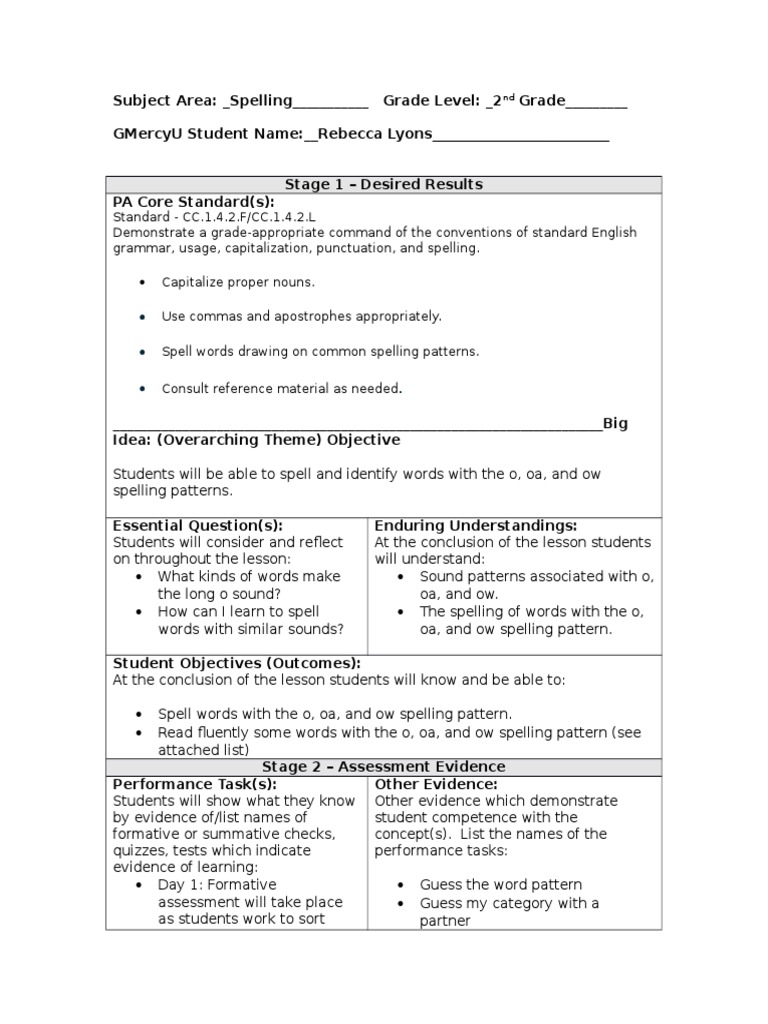 spelling lesson plan | Educational Assessment | Educational Psychology