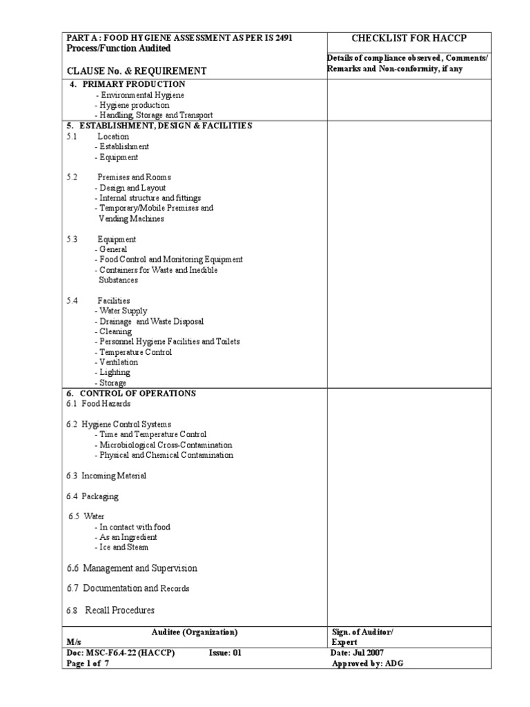 HACCP Compliance Assessment Checklist | PDF | Hazard Analysis And ...