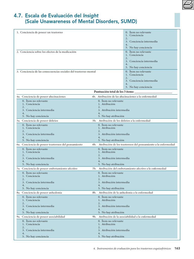 Escala de Evaluación del Insight (Scale Unawareness of Mental Disorders ...