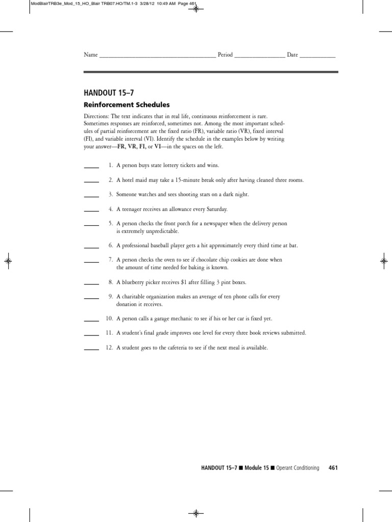 Reinforcement Schedule Worksheet | PDF