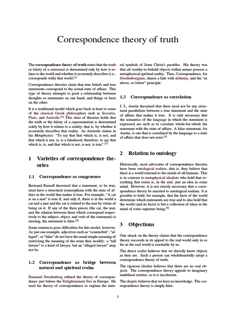 Correspondence Theory Of Truth Correspondence Theory Of Truth