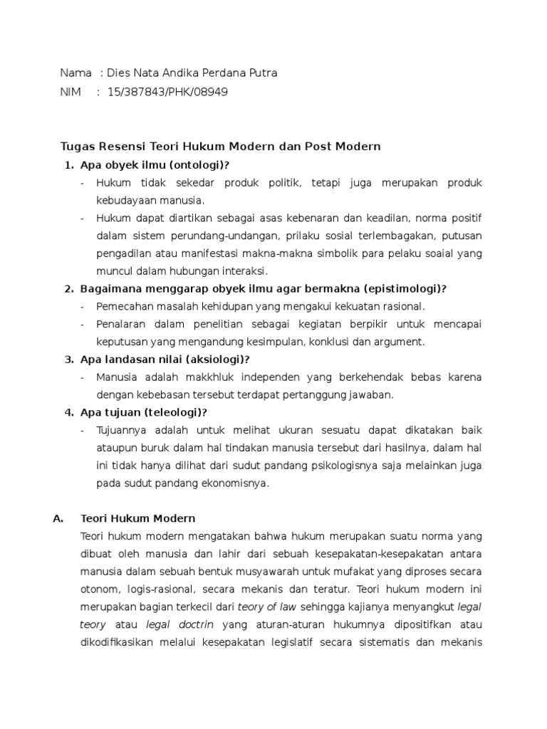 Resensi Teori Hukum Modern Dan Teori Hukum Post Modern | PDF