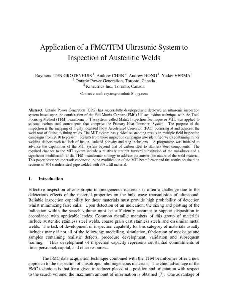 Application of A FMC/TFM Ultrasonic System To Inspection of Austenitic Welds | PDF | Anisotropy ...