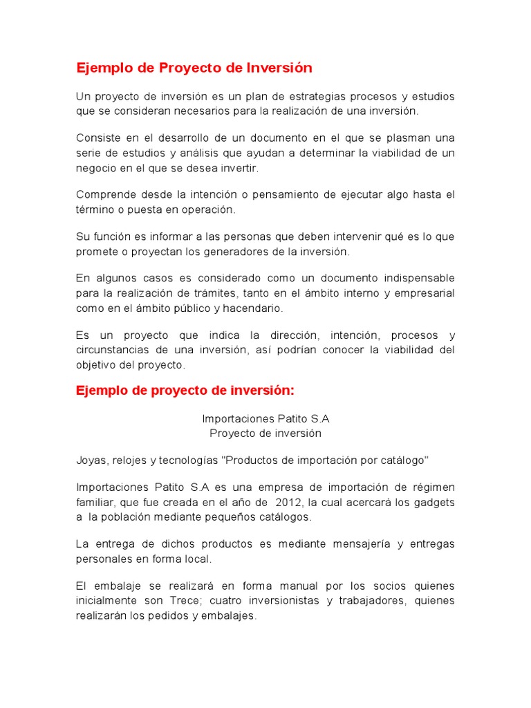 Ejemplo de Proyecto de Inversión | PDF