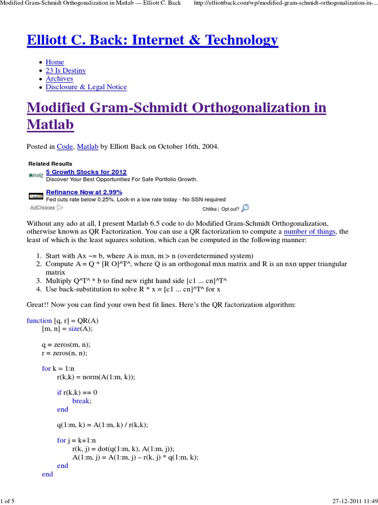 Modified Gram Schmidt Orthogonalization In Matlab — Elliott C Back Mathematical Concepts 0930