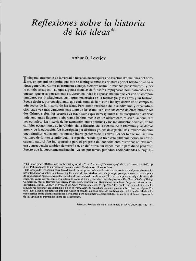 Arthur Lovejoy - Reflexiones Sobre La Historia de Las Ideas PDF | PDF