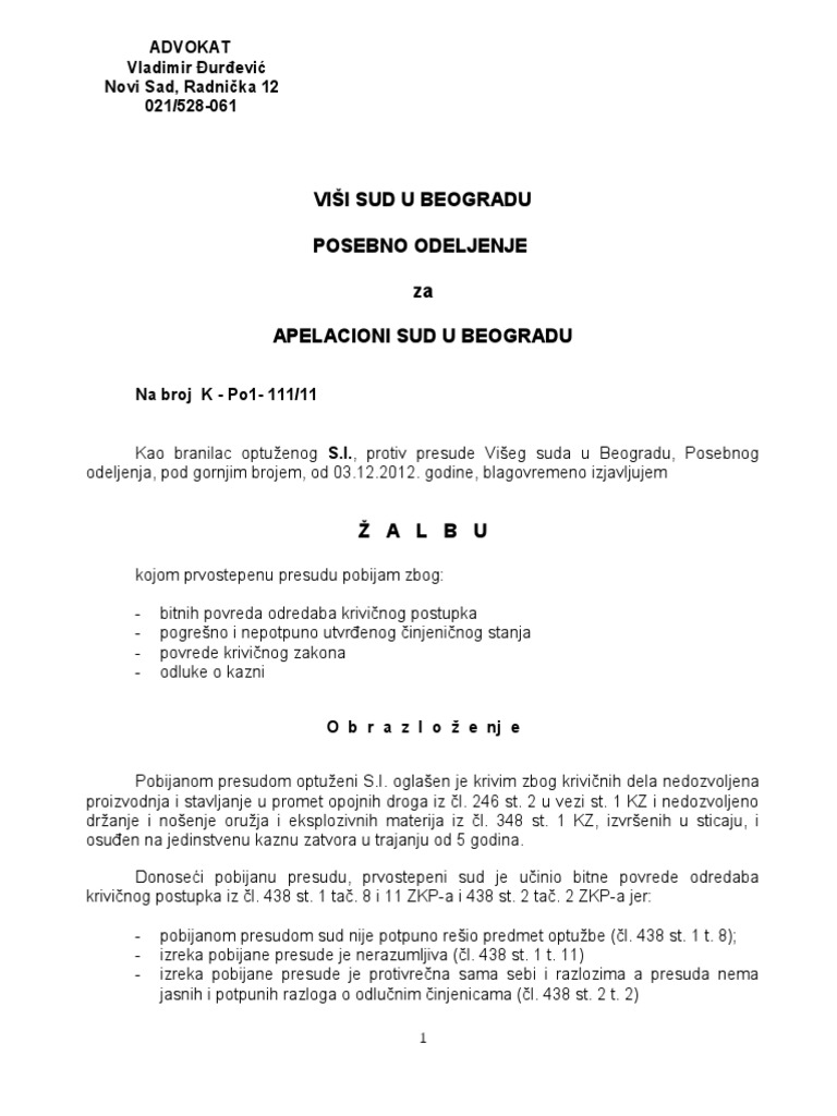 Zalba-Na-Krivičnu Presudu Primer PDF | PDF