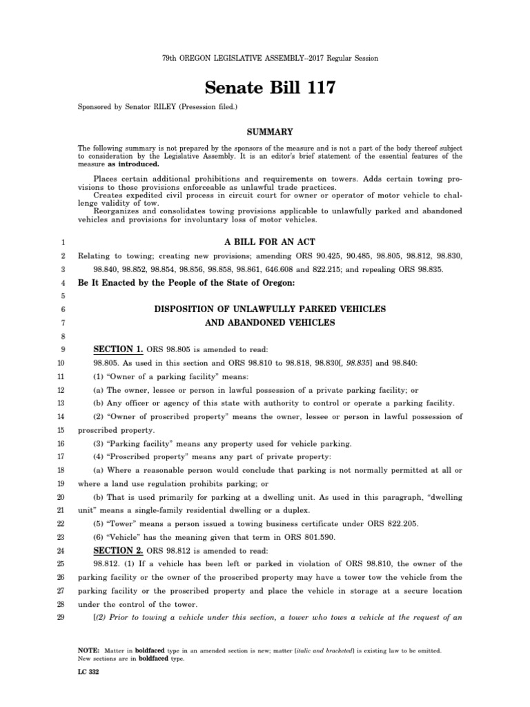 Oregon Senate Bill 117: Towing Regulations | PDF | Discounts And ...