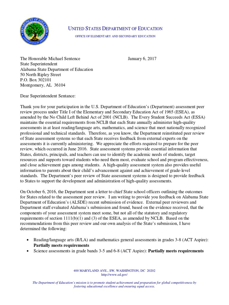 US Dept of Education Assessment Letter Jan 6 2017 | No Child Left ...