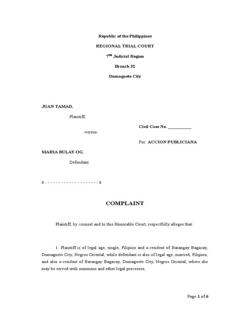 Final Complaint Accion Publiciana | PDF | Plaintiff | Complaint