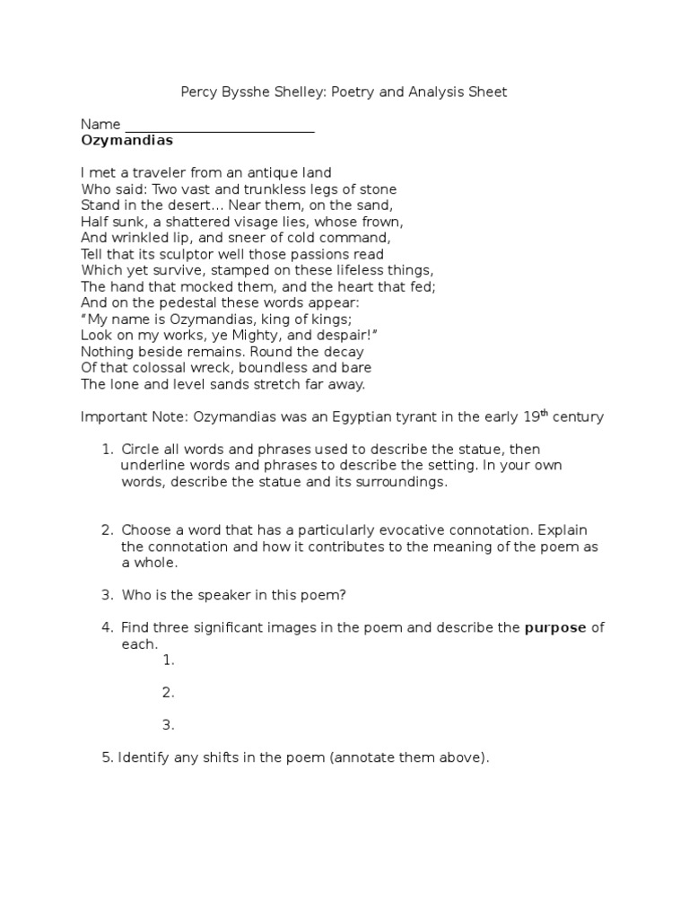 Shelley Worksheet | PDF | Poetry | Nature