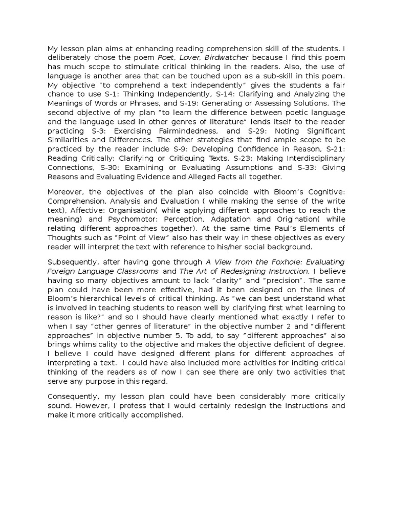 My Lesson Plan Aims at Enhancing Reading Comprehension Skill of The ...