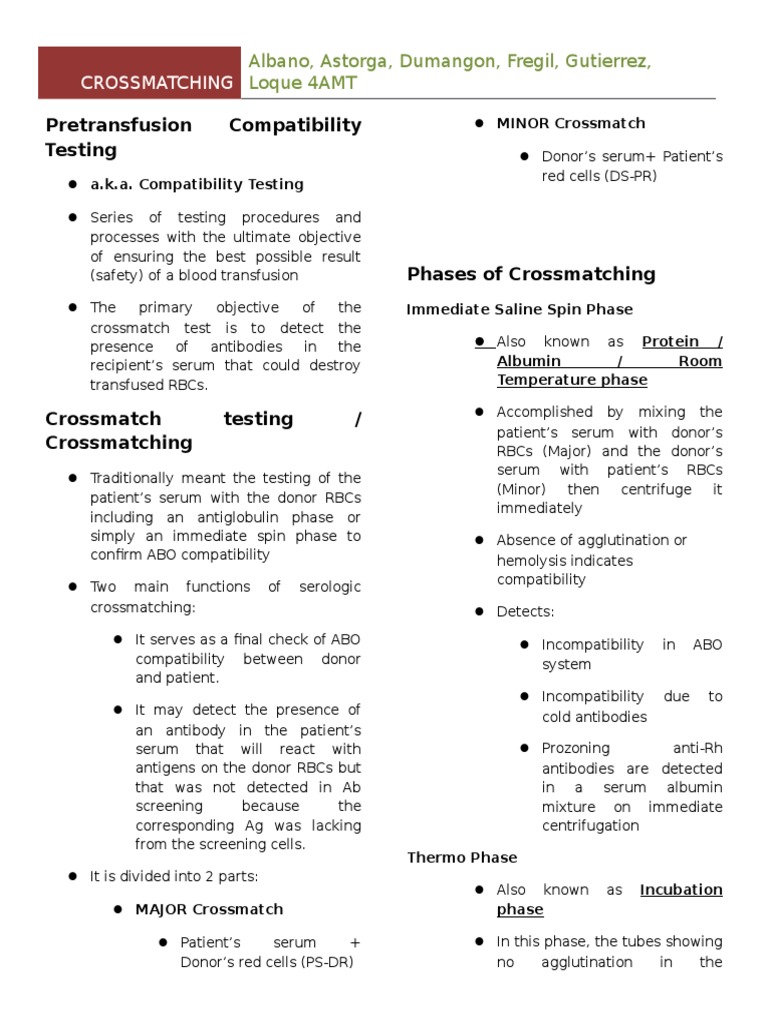 Crossmatching Procedures and Phases | PDF | Hematology | Immunology