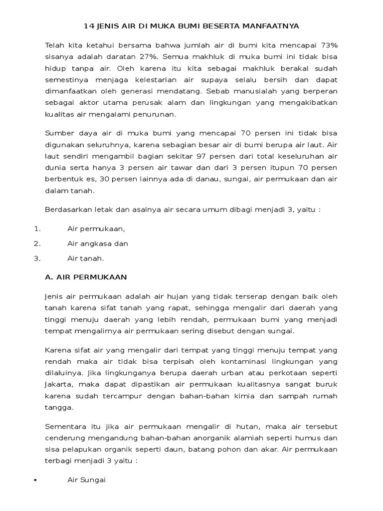 14 Jenis Air Di Muka Bumi Beserta Manfaatnya | PDF