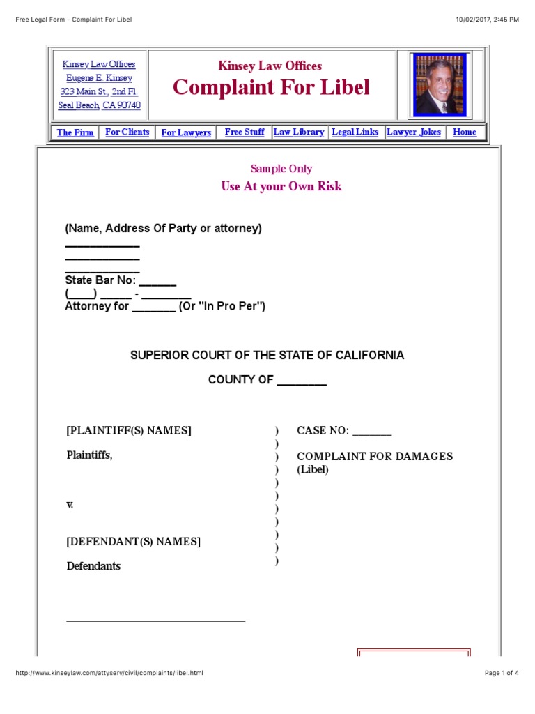 Free Legal Form - Complaint For Libel | Defamation | Complaint