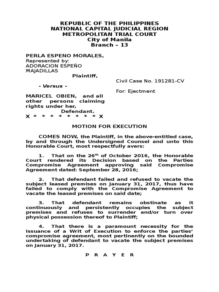 Motion For Execution - Ejectment | PDF