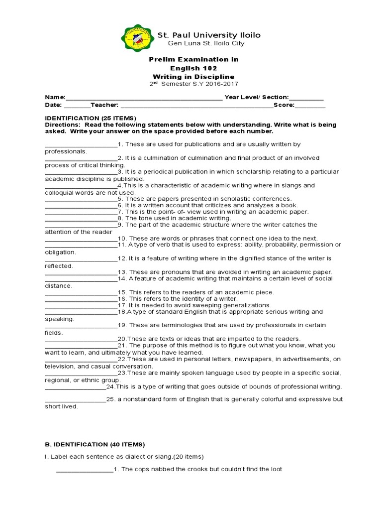 St. Paul University Iloilo: Gen Luna St. Iloilo City Prelim Examination in English 102 Writing ...