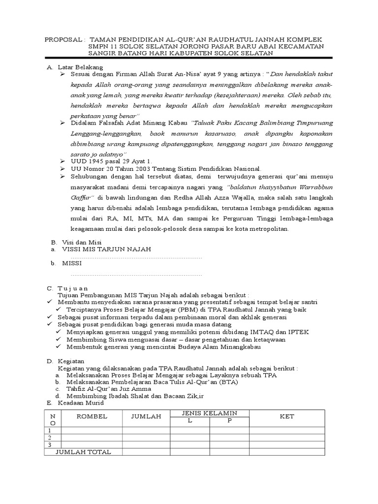 Proposal TPA Raudhatul Jannah | PDF