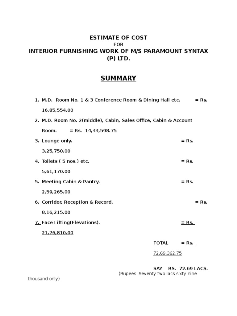 Estimate of Cost Interior Furnishing Work of M/S Paramount Syntax (P ...