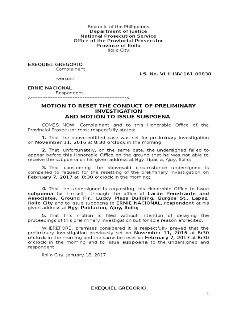 Reset Preliminary Investigation Motion | PDF | Prosecutor | Public Law
