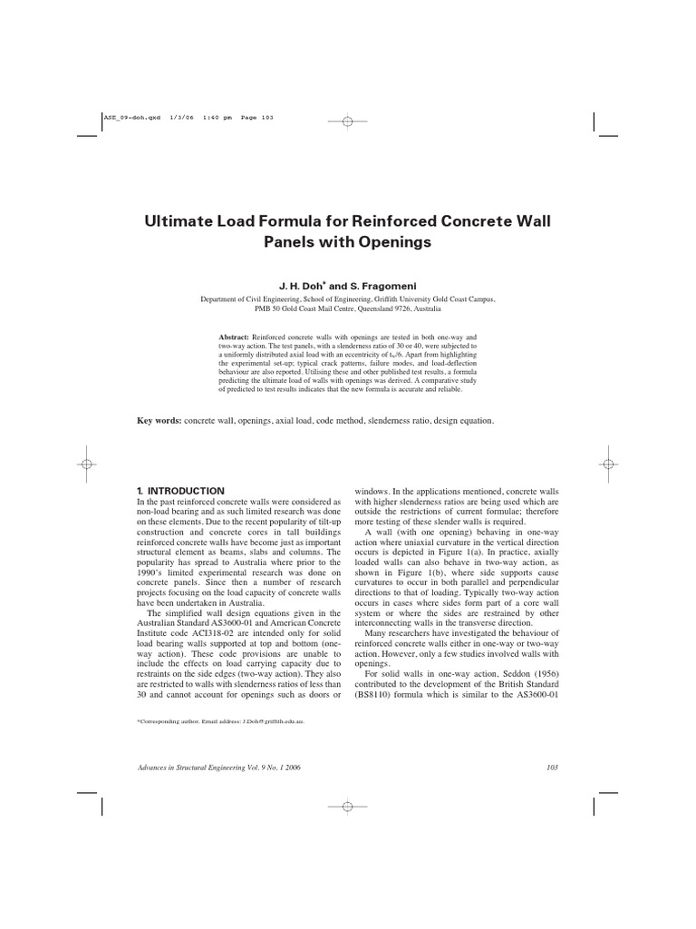 Ultimate Load Formula for Reinforced Concrete Wall Panels with Openings ...
