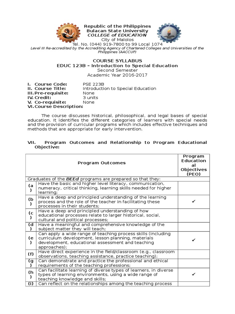 Introduction to SPED Syllabus_BEED-2ndSem | Special Education | Curriculum