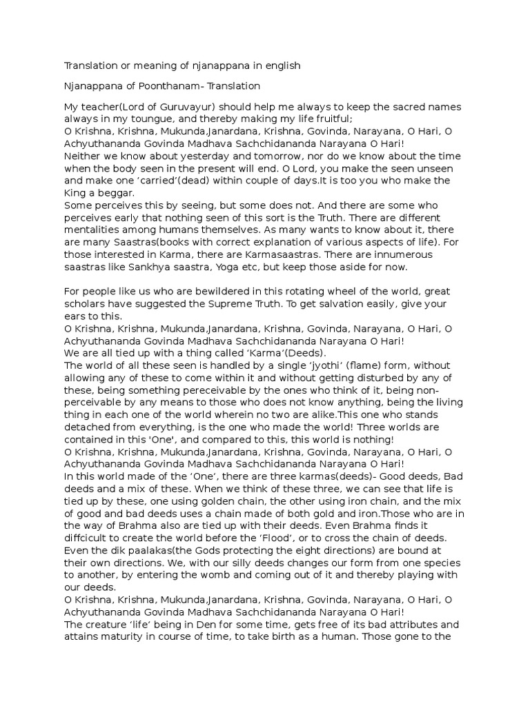 Translation or Njanappana in English | PDF | Krishna | Hinduism