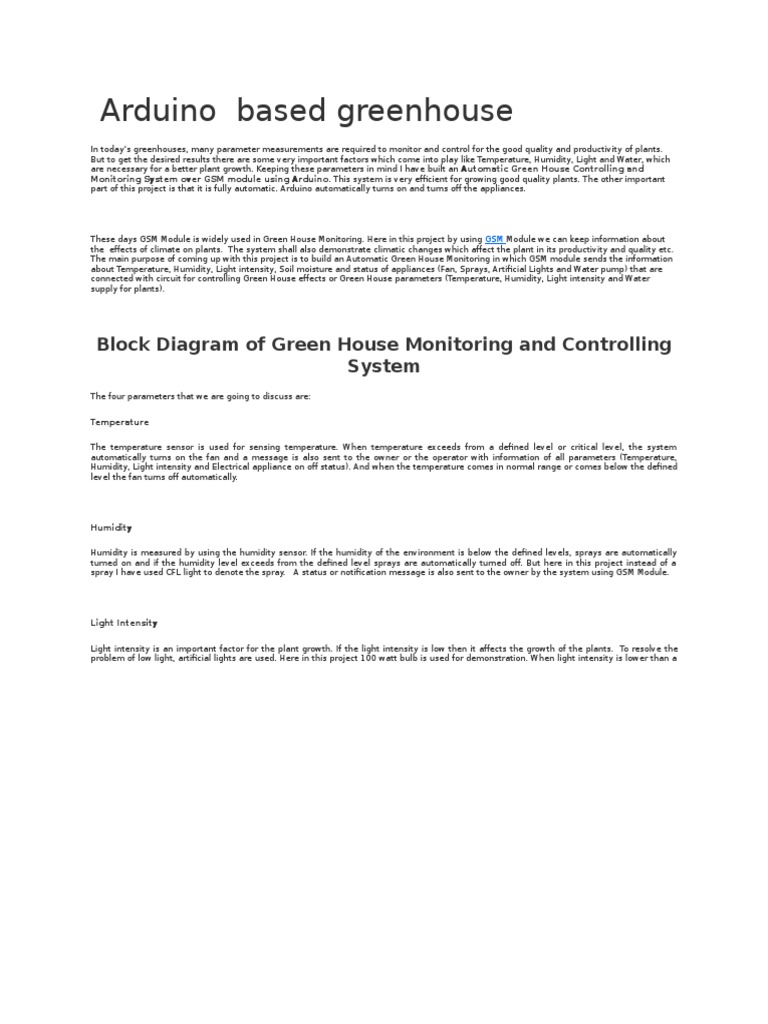 Arduino Based Greenhouse: Block Diagram of Green House Monitoring and Controlling System | PDF ...