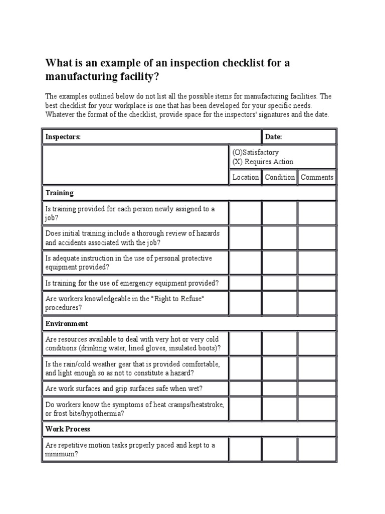 What Is An Example of An Inspection Checklist For A Manufacturing ...