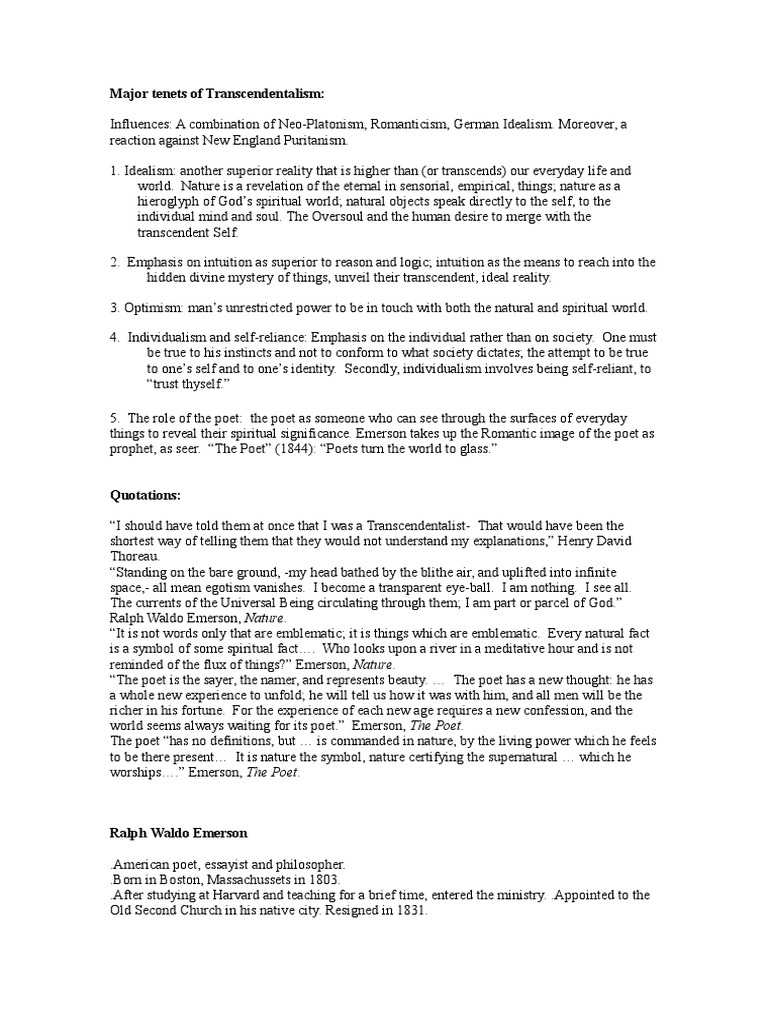 Major Tenets of Transcendentalism | PDF | Transcendentalism | Ralph ...