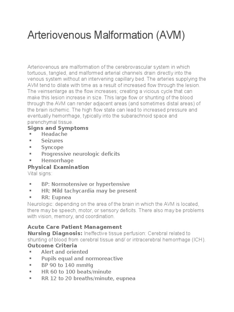 Arteriovenous Malformation (AVM) : Signs and Symptoms | PDF ...