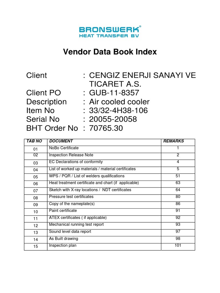Vendor Data Book Index | PDF