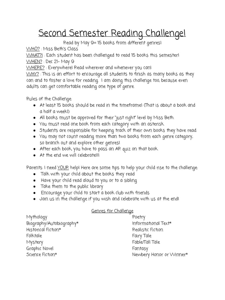 Second Semester Reading Challenge Guide | PDF | Self-Improvement ...