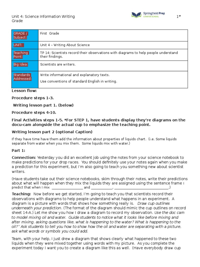 1st Grade Science Writing Lesson Plan | PDF | Experiment | Learning