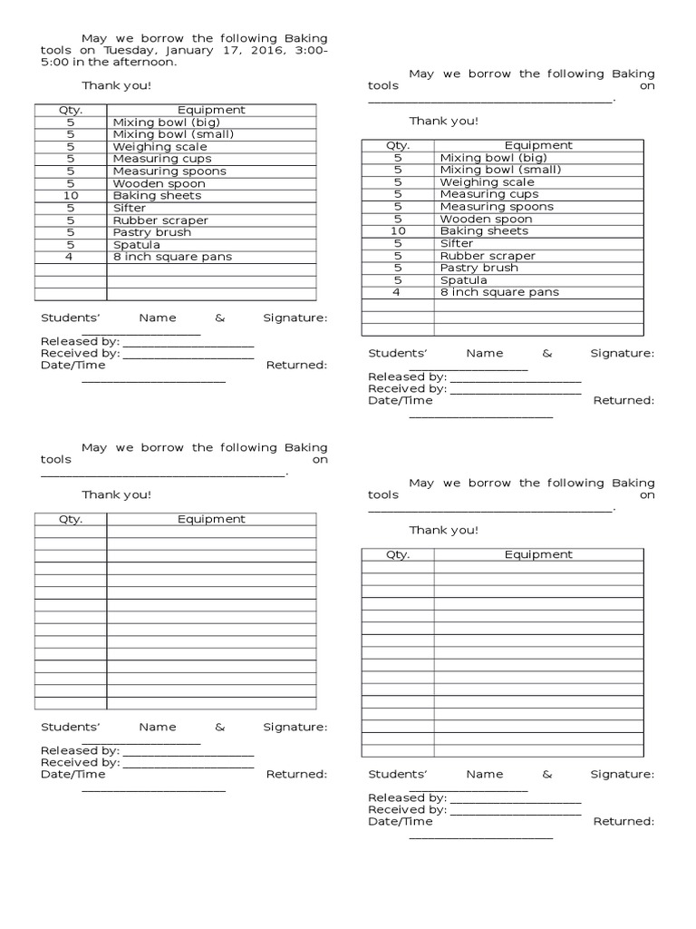 Borrowers Form | PDF | Spoon | Baking