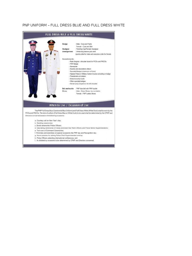 PNP Uniform - Full Dress Blue and Full Dress White | PDF
