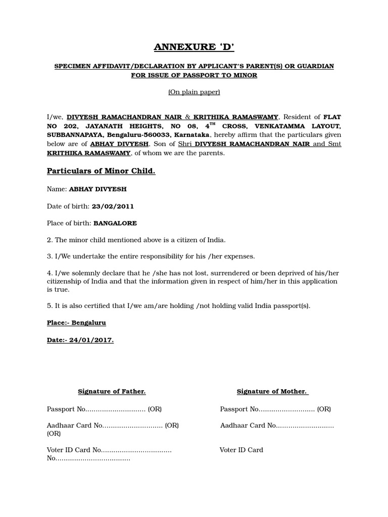 Annexure D': Particulars of Minor Child | PDF