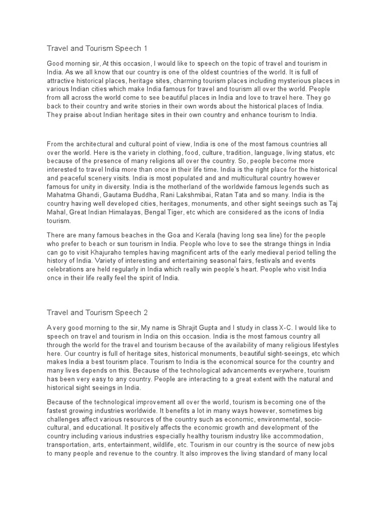 Travel and Tourism Speech 1 | Tourism | Tourism And Leisure | Free 30 ...