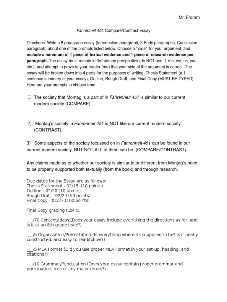 Fahrenheit 451 Compare Contrast Essay | PDF