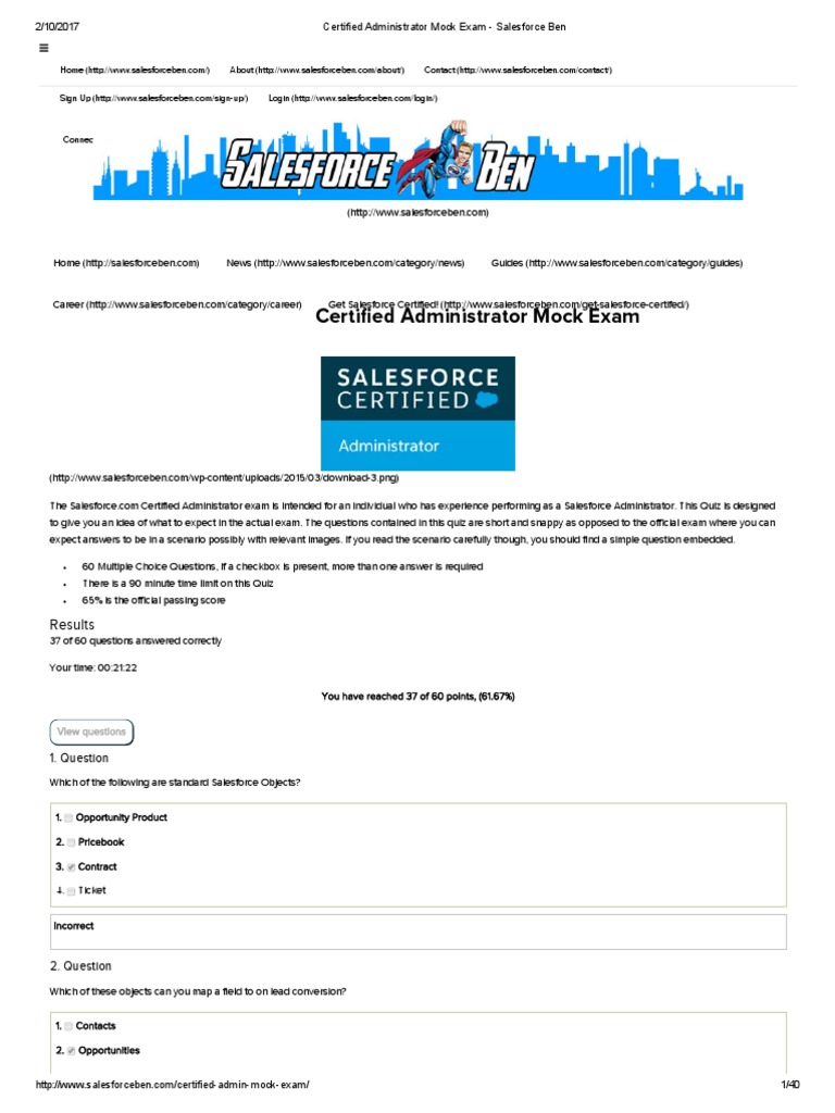 Certified Administrator Mock Exam - Salesforce Ben | PDF | Test ...