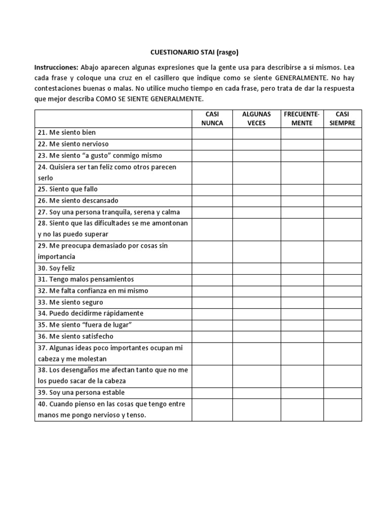 Cuestionario Stai | PDF