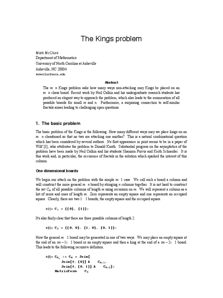 The Kings Problem - Mark McClure | PDF | Matrix (Mathematics) | Mathematical Relations