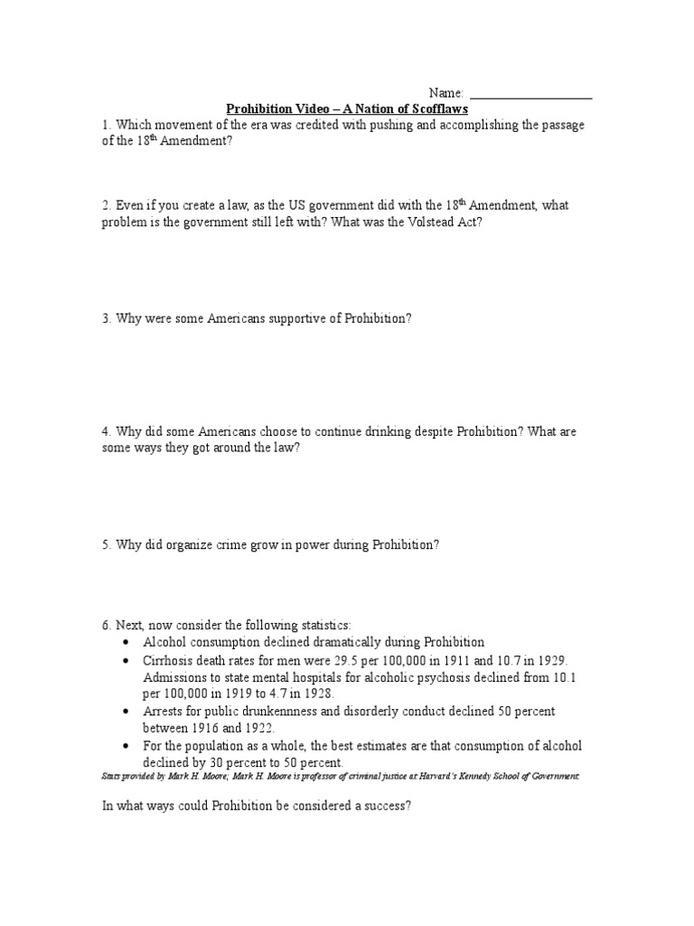 Prohibition - Scofflaws Video Questions | PDF | Prohibition | United ...