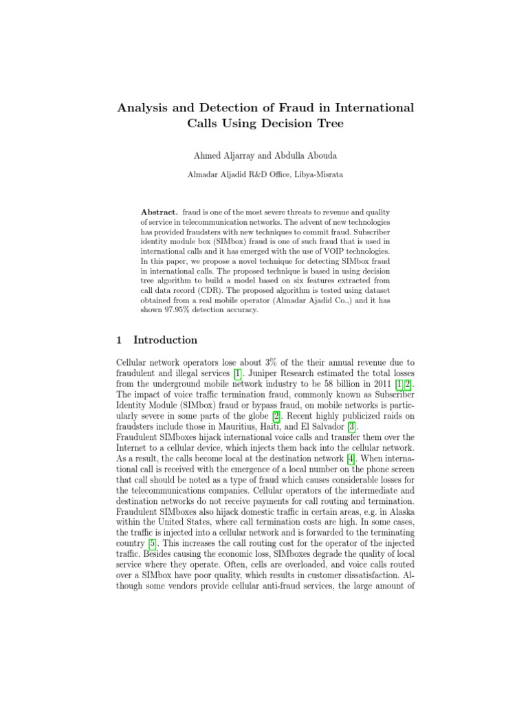 Analysis and Detection of Fraud in International Calls Using Decision ...