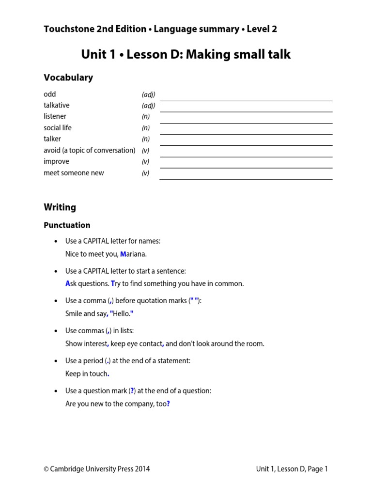 Unit 1 - Lesson D: Making Small Talk: Touchstone 2nd Edition - Language Summary - Level 2 | PDF