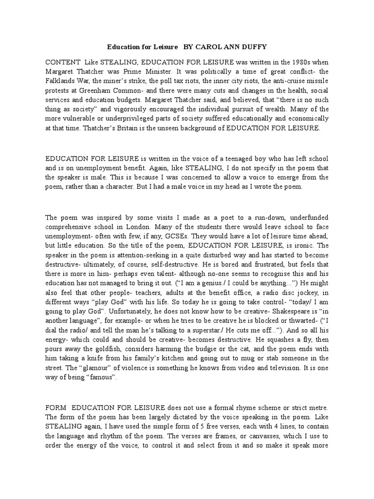 Education For Leisure by Carol Ann Duffyessay | PDF | Margaret Thatcher ...