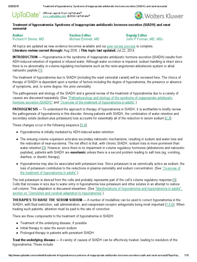 Treatment of Hyponatremia - Syndrome of Inappropriate Antidiuretic ...