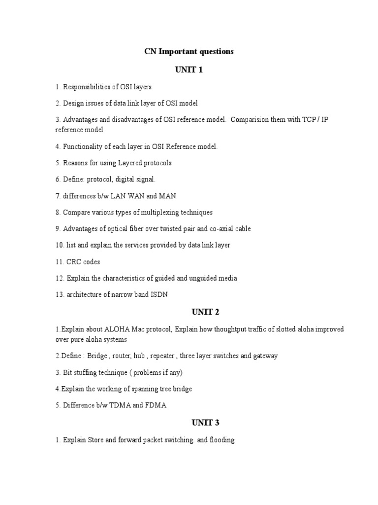 CN Important Questions Unit 1 | PDF