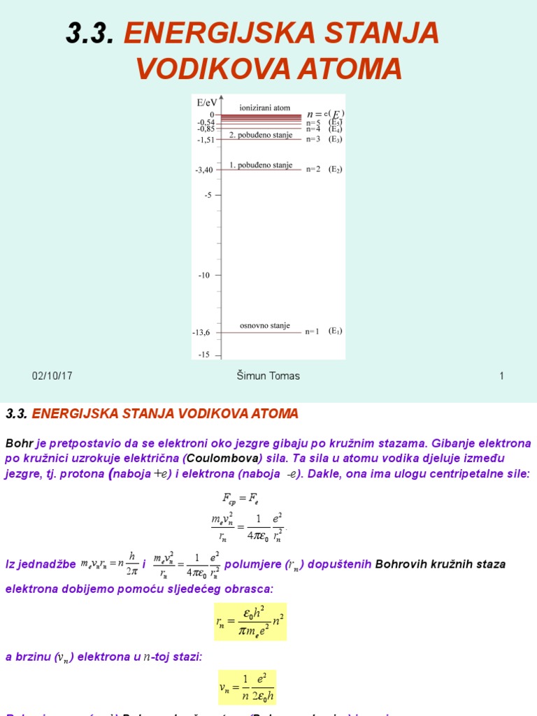 Energijska Stanja Vodikova Atoma | PDF