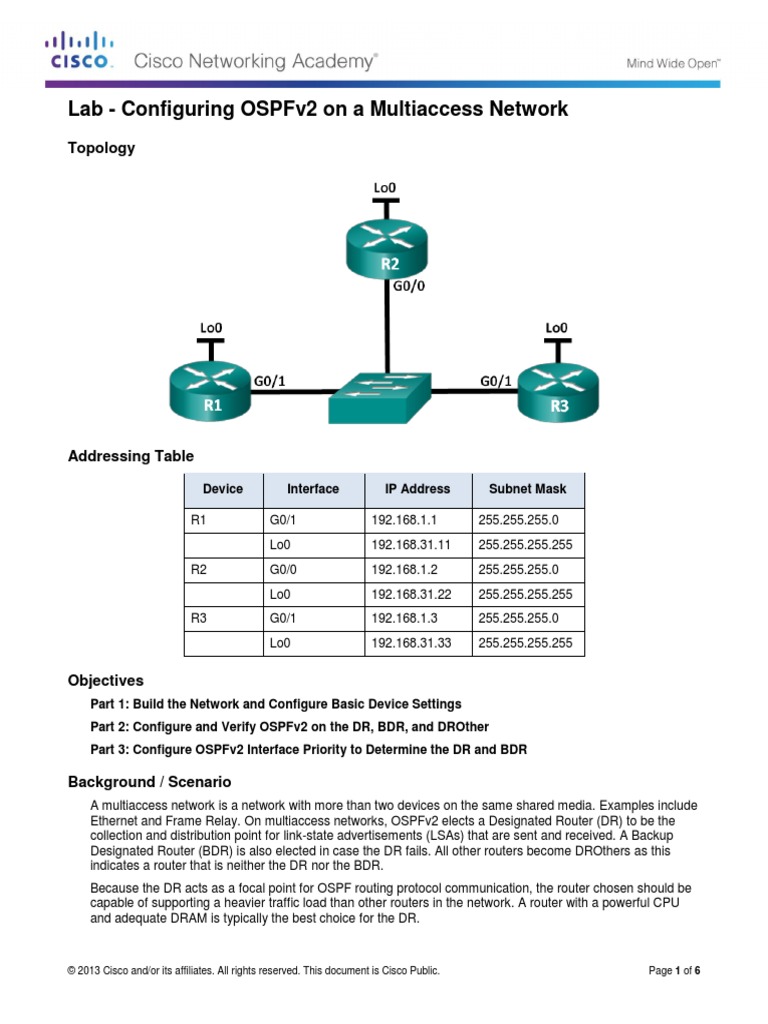 5.1.2.13 Lab - Configuring OSPFv2 On A Multiaccess Network | PDF | Ip ... 5.1.2.13 Lab - Configuring OSPFv2 On A Multiaccess Network | PDF | Ip ...